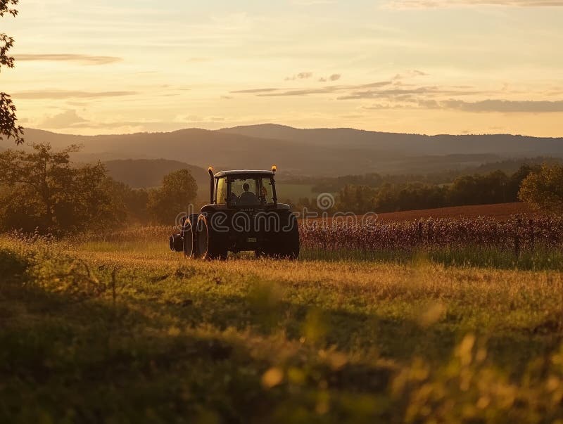 Farmer Driving Tractor in Field at Sunset in Beautiful Landscape Stock ...