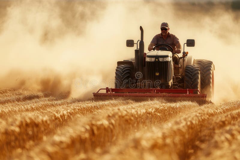 Farmer Driving Tractor Harvesting Wheat in Field at Sunset Stock Image ...