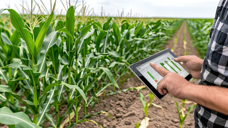 A Farmer Examines Data on a Tablet Computer in a Field of Growing Corn ...