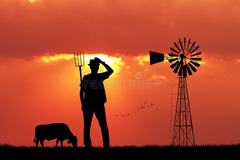 Farmer in the Farm at Sunset Stock Illustration - Illustration of earth ...