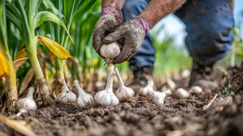 Farmer Harvesting Fresh Garlic Bulbs from the Ground Stock Illustration ...
