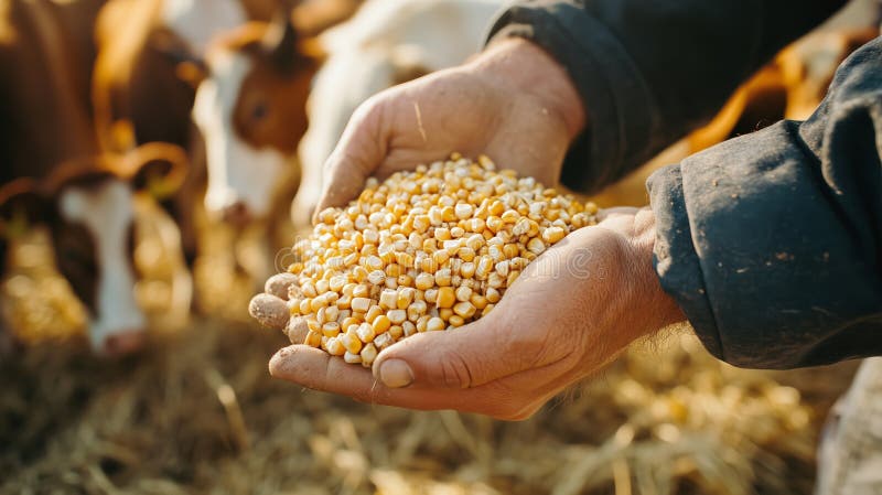 Farmer Holding Corn in Hands while Feeding Cows in a Barn during ...
