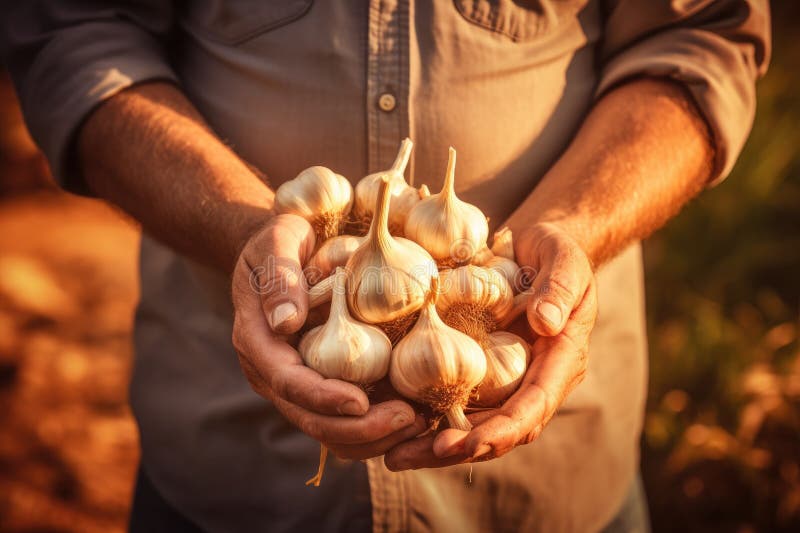Farmer Holding in His Hand Some Garlic Freshly Picked from the Ground ...