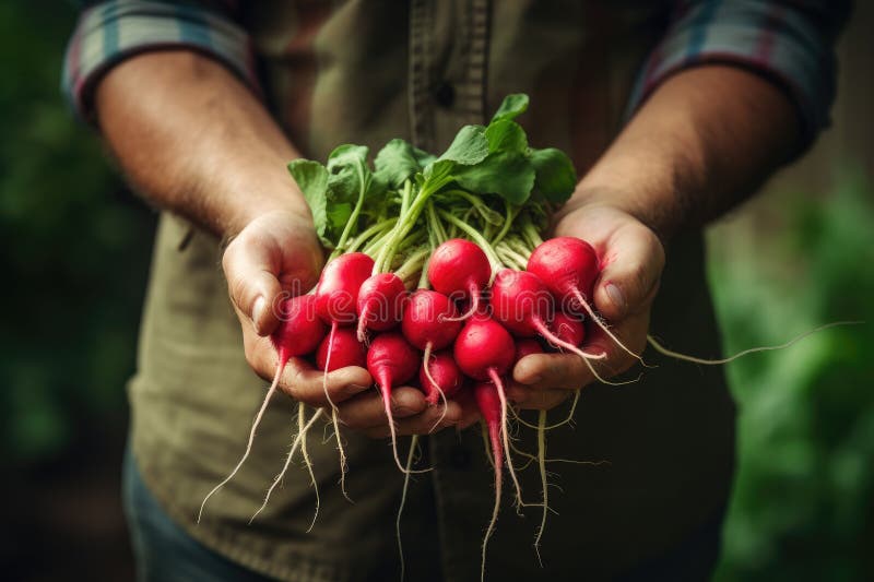 Farmer Holding in His Hand Some Radishes Freshly Picked from the Ground ...
