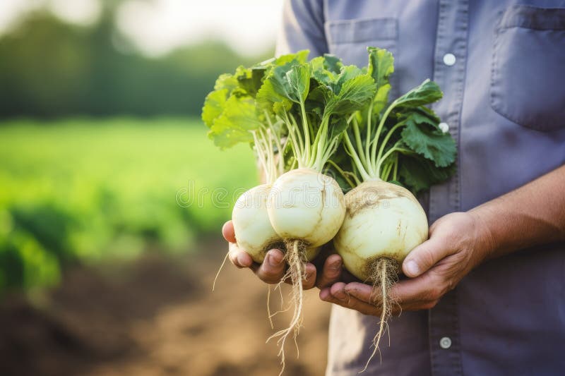 Farmer Holding in His Hand Some Turnips Freshly Picked from the Ground ...