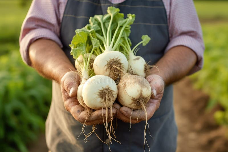 Farmer Holding in His Hand Some Turnips Freshly Picked from the Ground ...