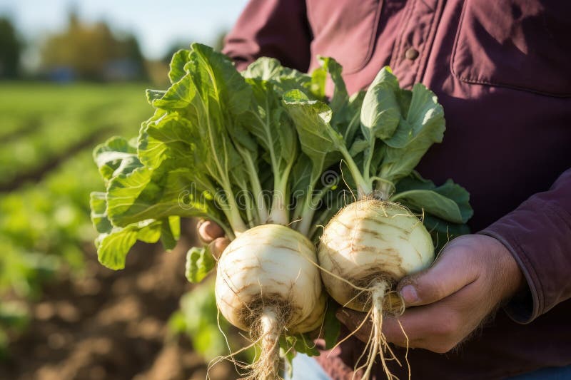 Farmer Holding in His Hand Some Turnips Freshly Picked from the Ground ...