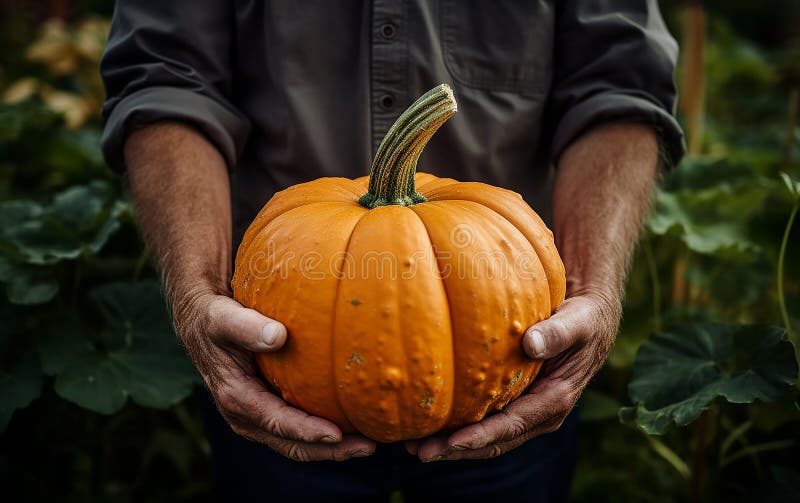 A Farmer Holding a Large Pumpkin, Front View Stock Illustration ...