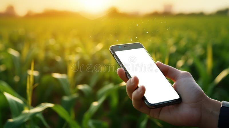 Farmer Holding a Smartphone in Front of Corn Field. Smart Digital ...