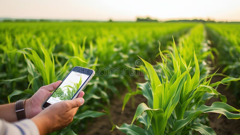 Farmer Holding a Smartphone in Front of Corn Field. Smart Digital ...