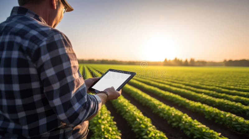 Farmer Holding a Tablet with a Blank Screen in Front of a Field of ...