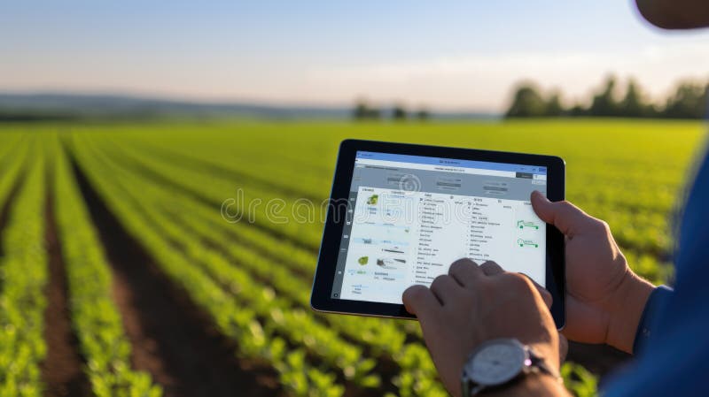 Farmer Holding a Tablet with a Blank Screen in Front of a Field of ...