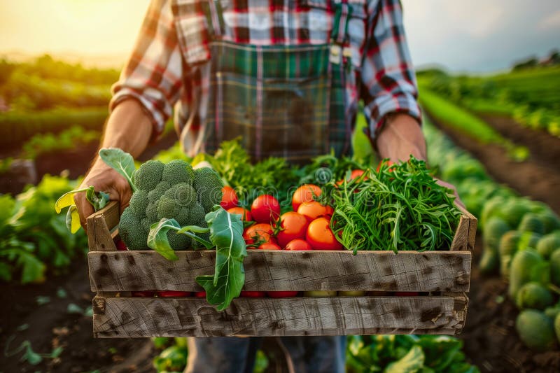 Farmer Holds a Box of Beautiful, Colorful Vegetables, Field in the Background. Stock ...