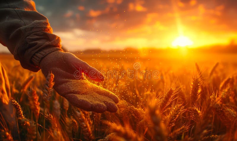 Farmer Holds Handful of Wheat Grains on the Background of Field and ...