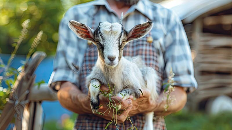 The Farmer Holds a Small Goat in His Hands. Selective Focus Stock Photo ...