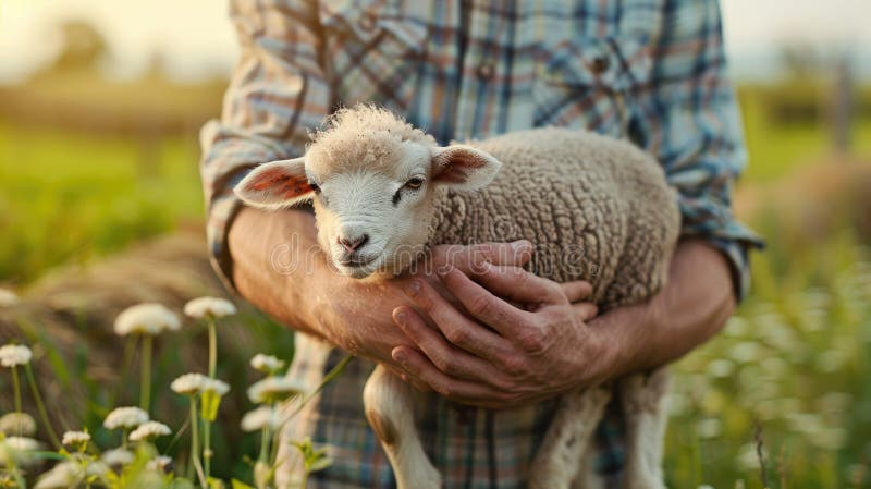 The Farmer Holds a Small Sheep in His Hands. Selective Focus Stock ...