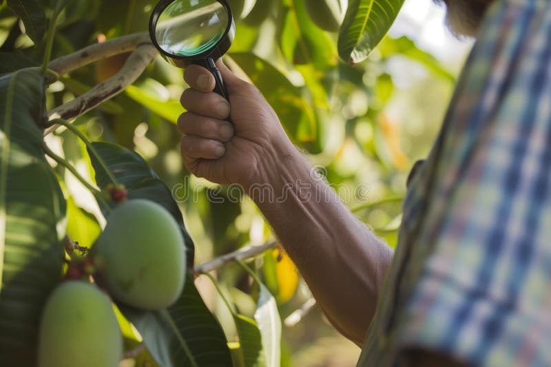 Farmer Inspecting Mango Trees for Pests with Magnifying Glass Stock ...