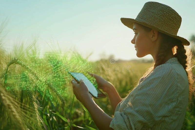 Farmer Using Tablet To Analyze Smart Field Data and Monitor Wheat ...