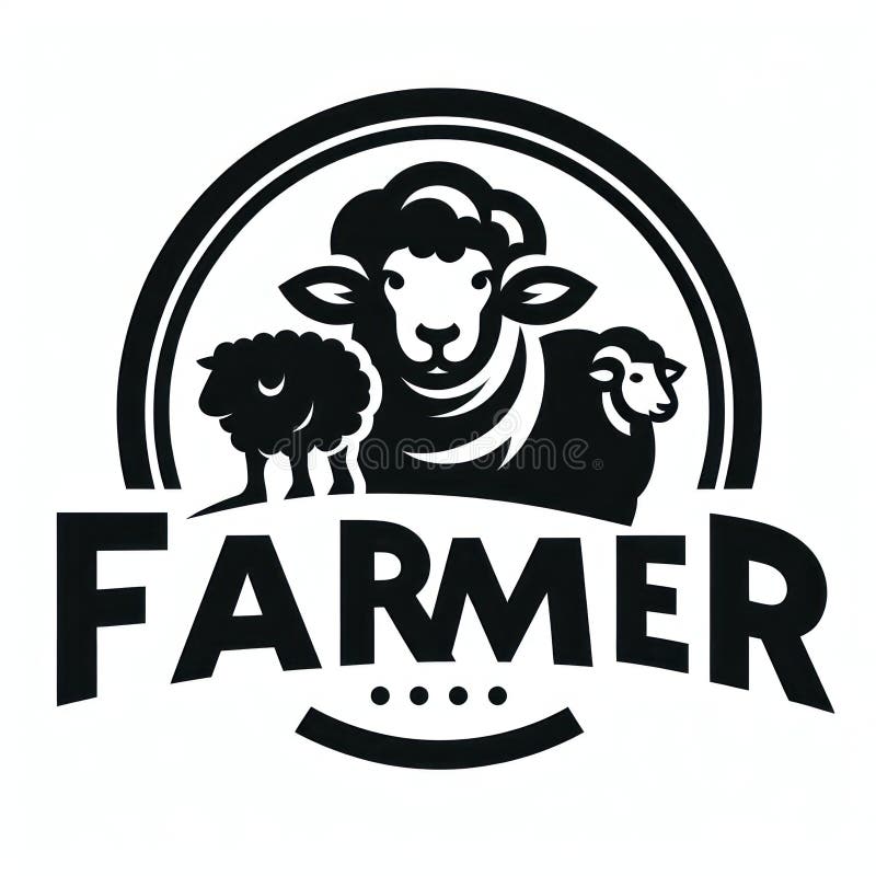 Farmer Logo with Sheep and Lambs in Black and White Stock Illustration ...