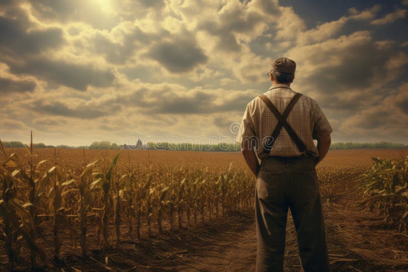 Farmer Looking Over His Farm Field. Back View Stock Photo - Image of ...