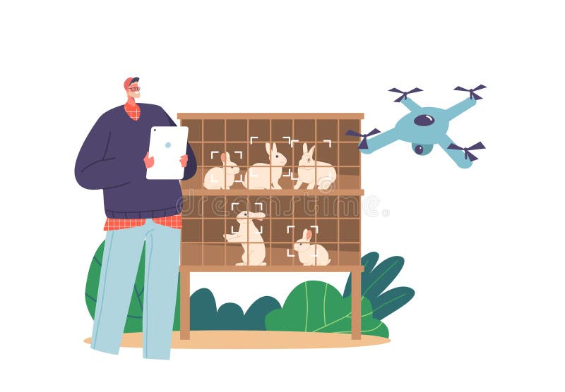 Farmer Male Character Use Tablet To Control Drone To Monitor Rabbit ... Farmer Male Character Use Tablet To Control Drone To Monitor Rabbit ...