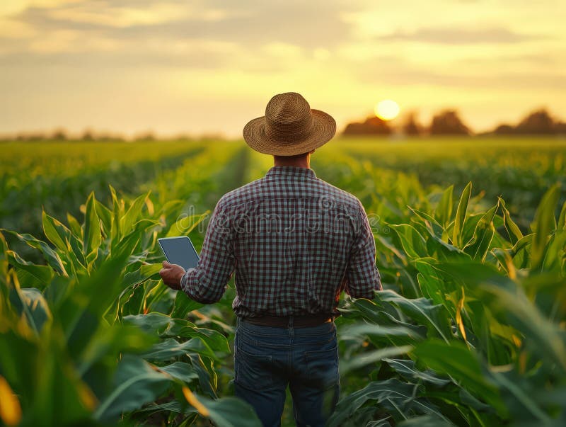 Farmer Man in Corn Field Works with Computer, Business Farm ...