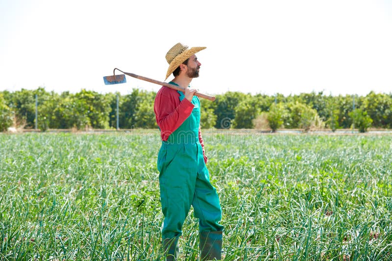 Farmer Man with Hoe Looking at His Field Stock Image - Image of ...