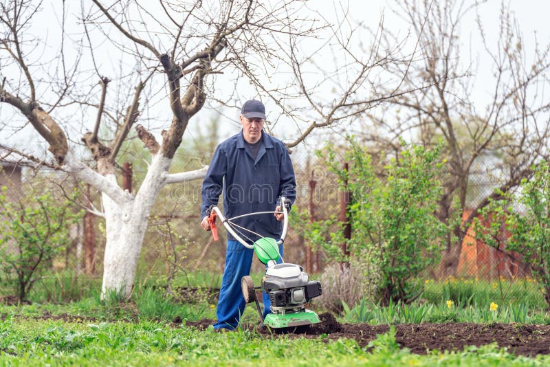 Farmer Man Plows the Land with a Cultivator Preparing the Soil for ...