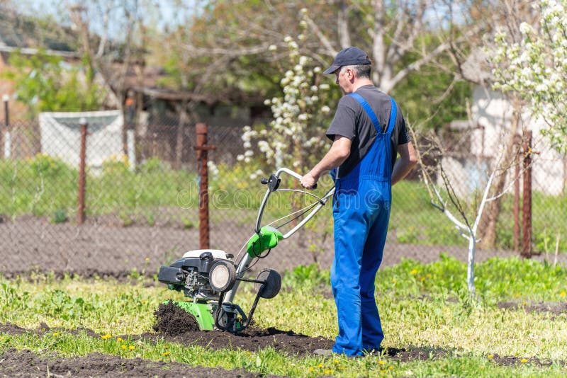 Farmer Man Plows the Land with a Cultivator Preparing the Soil for ...