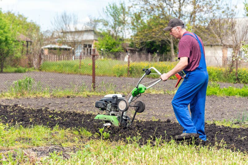 Farmer Man Plows the Land with a Cultivator Preparing the Soil for ...