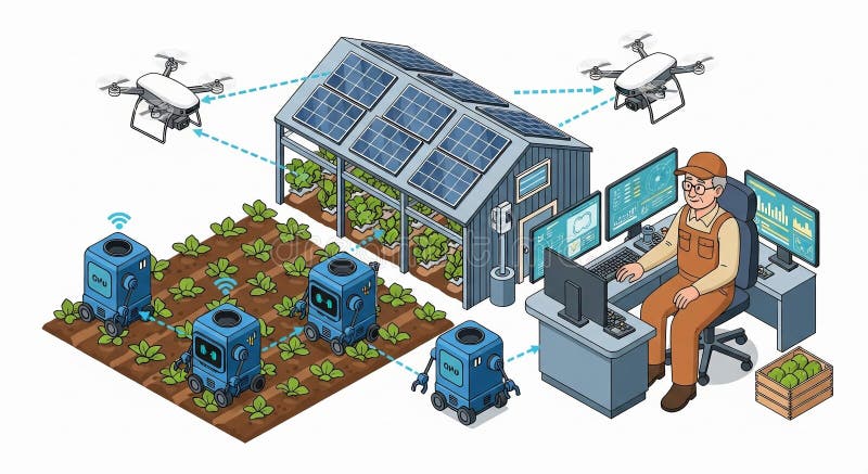 Farmer Monitors Advanced Smart Farming System with Drones, Autonomous ...