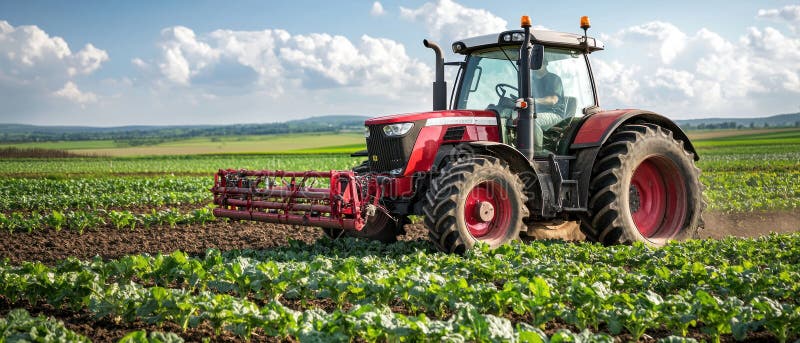 Farmer Operates Modern Tractor on Organic Vegetable Farm Under Clear ...