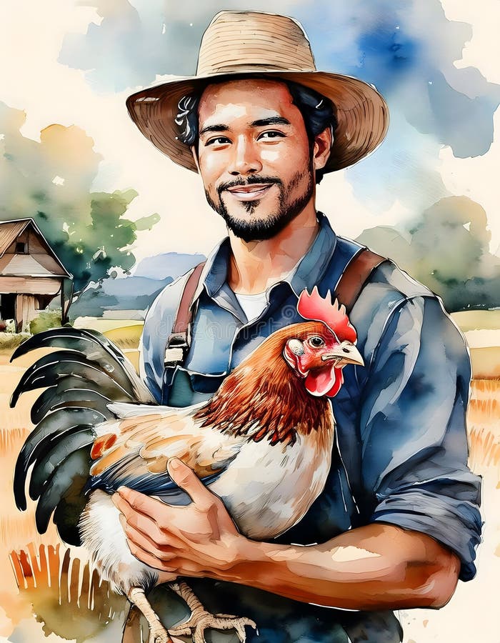 A Farmer in Overalls and a Straw Hat Holds a Rooster in a Rural Setting ...