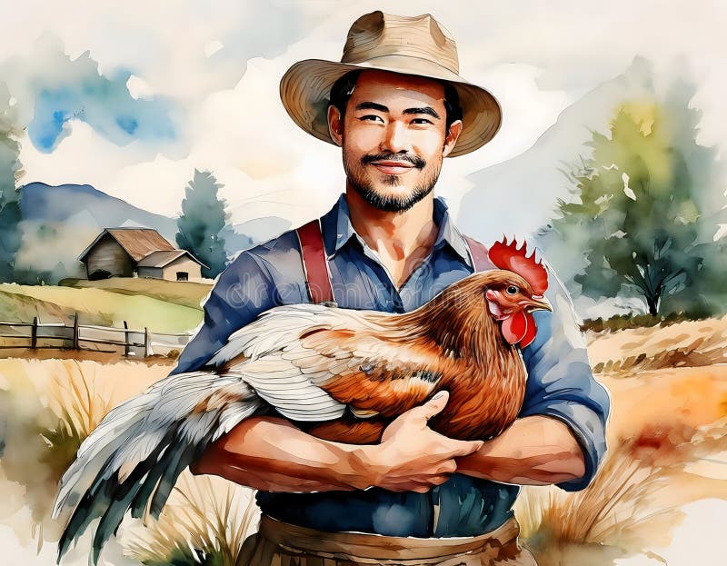 A Farmer in Overalls and a Straw Hat Holds a Rooster in a Rural Setting ...