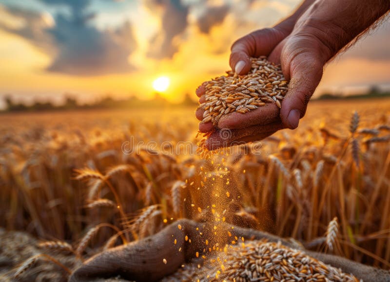 Farmer Overloading Wheat with Hand on Field at Sunset Stock Photo ...