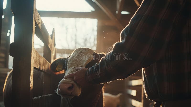 Farmer Petting Cow in Rustic Barn, Sunset Glow Stock Image - Image of ...