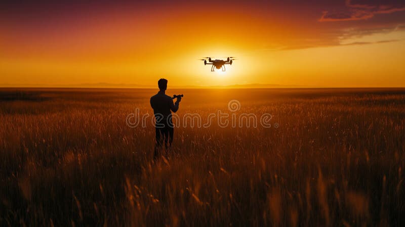 Farmer Piloting Drone Over Wheat Field at Sunset Using Remote ...