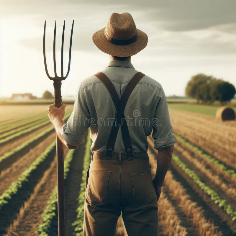 A Farmer with a Pitchfork Looks at the Field. Stock Image - Image of ...