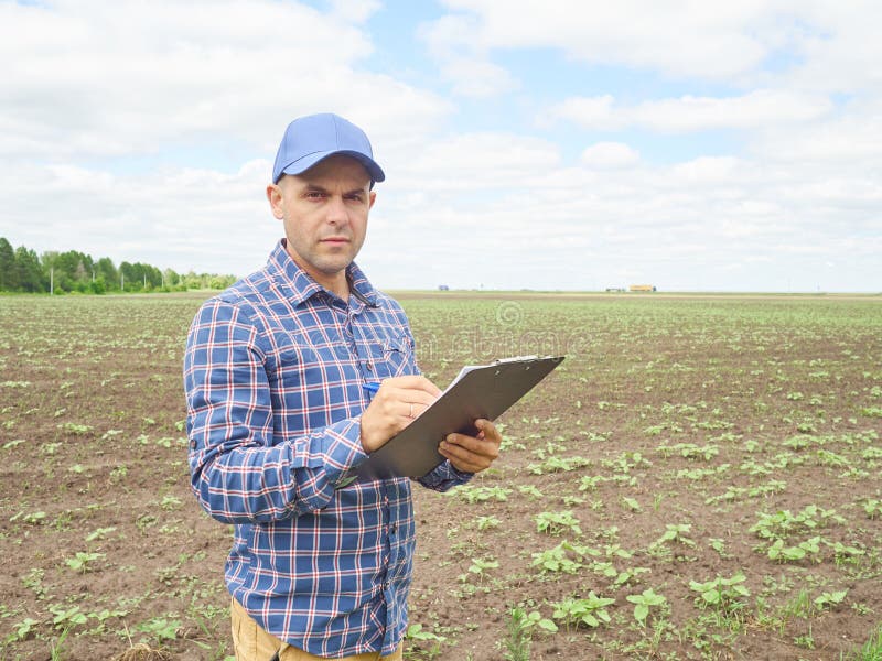 Farmer in Plaid Shirt Controlled His Field and Writing Notes Stock ...