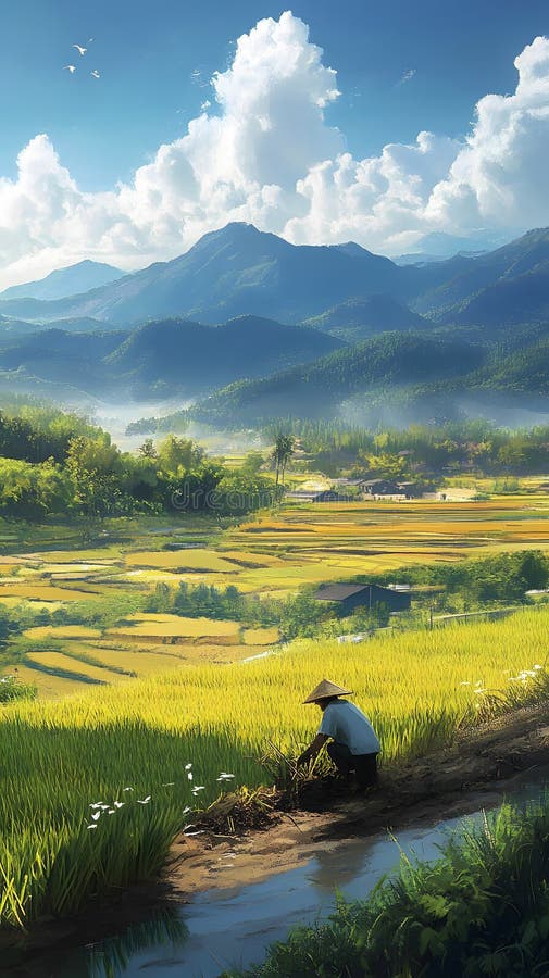 A Farmer is Planting Rice in the Field, with a Beautiful View of the ...