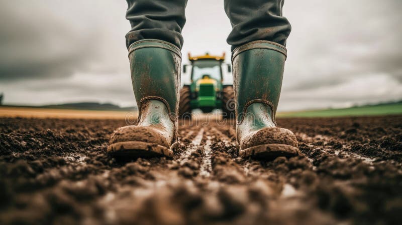 Farmer Plowing Field Under Overcast Sky Stock Illustration ...