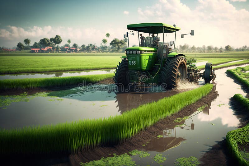 Farmer Plowing Green Growing Rice Field. Generative AI Stock ...