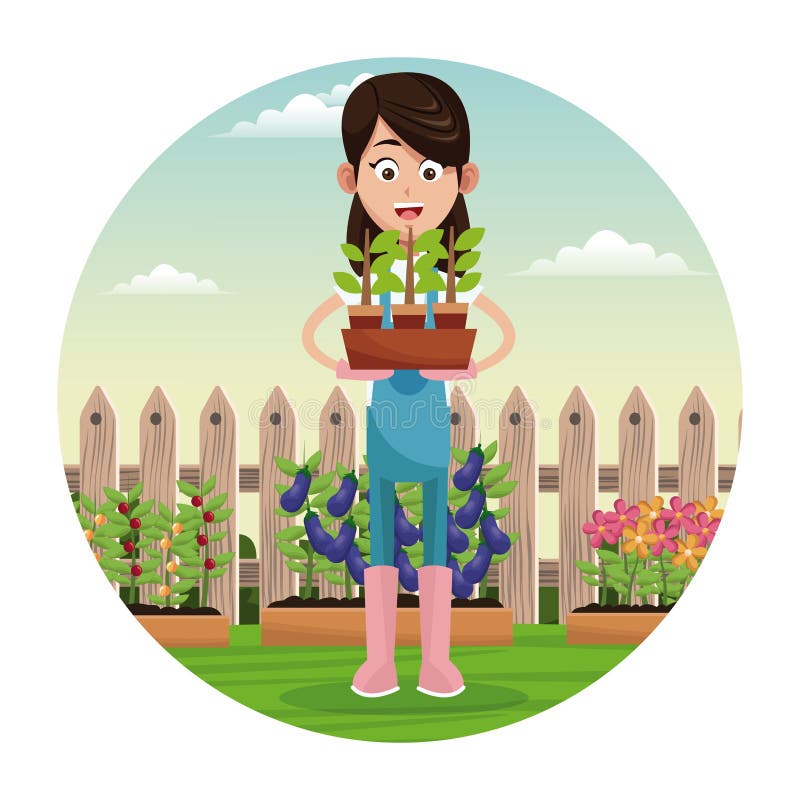 Work in Garden. Cartoon People Take Care of Yard. Couple Planting and ...