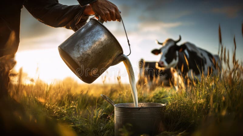 The Farmer Pouring Fresh Milk from a Bucket into a Container at Sunset ...