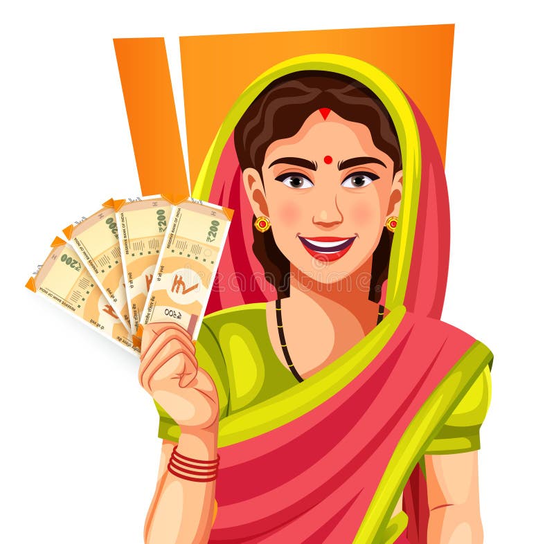 Happy Indian Traditional Woman in Saree Showing Indian 200 Rupee Notes ...