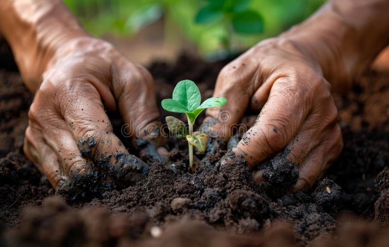 Farmer& X27;s Hands Planting the Seedlings into the Soil Stock ...