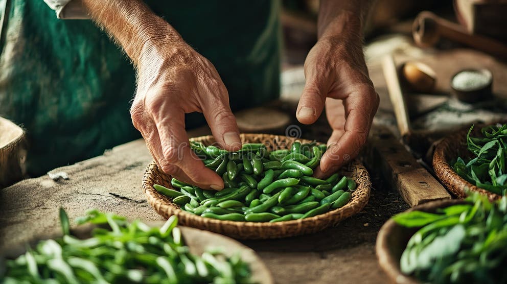 Farmer S Hands Sorting Fresh Organic Green Beans in Rustic Setting ...