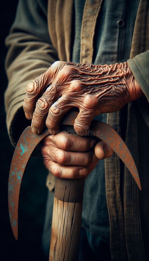 Farmer S Wrinkled Hand Holding a Rusty Hoe Stock Illustration ...