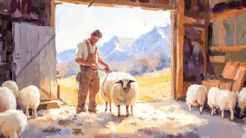 Farmer Shearing Sheep in Rustic Barn with Mountain View Stock Image ...