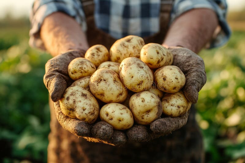 Farmer Showing Harvested Potatoes in His Muddy Hands Stock Photo ...